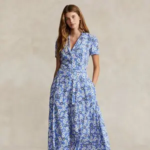 Ralph Lauren Floral Crepe Dress In Blue Cosmos Floral - 50% Off